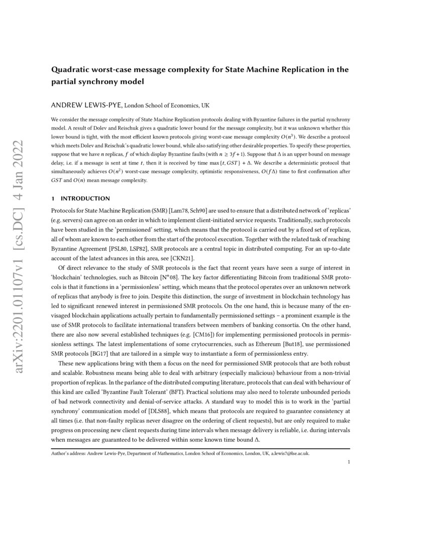 Quadratic worst-case message complexity for State Machine Replication ...