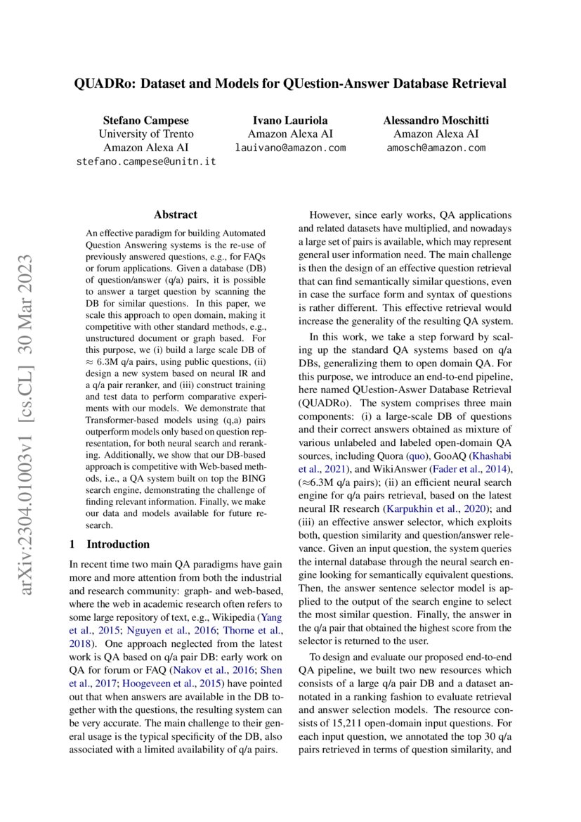 Quadro Dataset And Models For Question Answer Database Retrieval Deepai 4909
