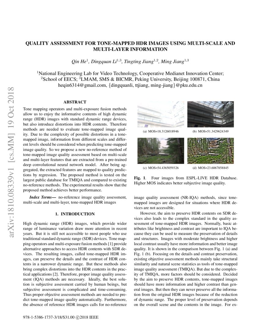 Quality Assessment for Tone-Mapped HDR Images Using Multi-Scale and Multi-Layer Information | DeepAI