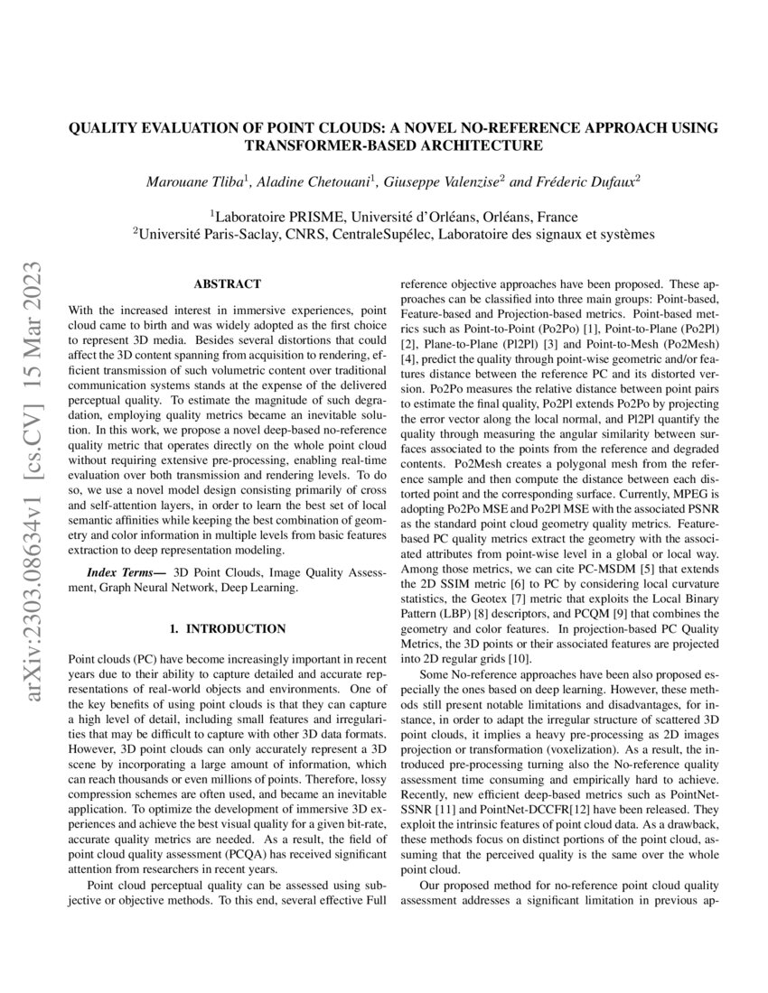 Quality evaluation of point clouds: a novel no-reference approach using ... Quality evaluation of point clouds: a novel no-reference approach using ...