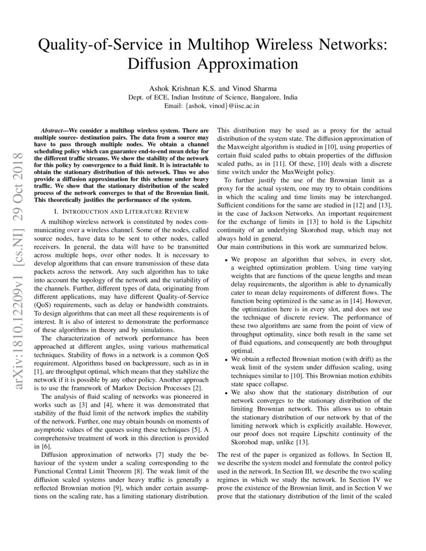 Quality Of Service In Multihop Wireless Networks Diffusion Approximation Deepai