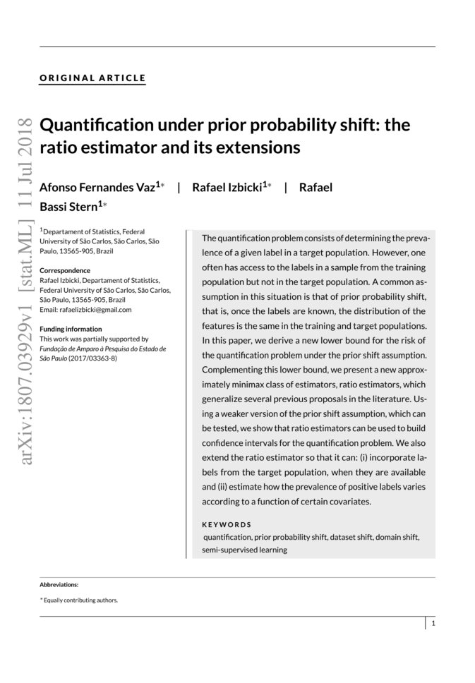 Quantification under prior probability shift: the ratio estimator and ...
