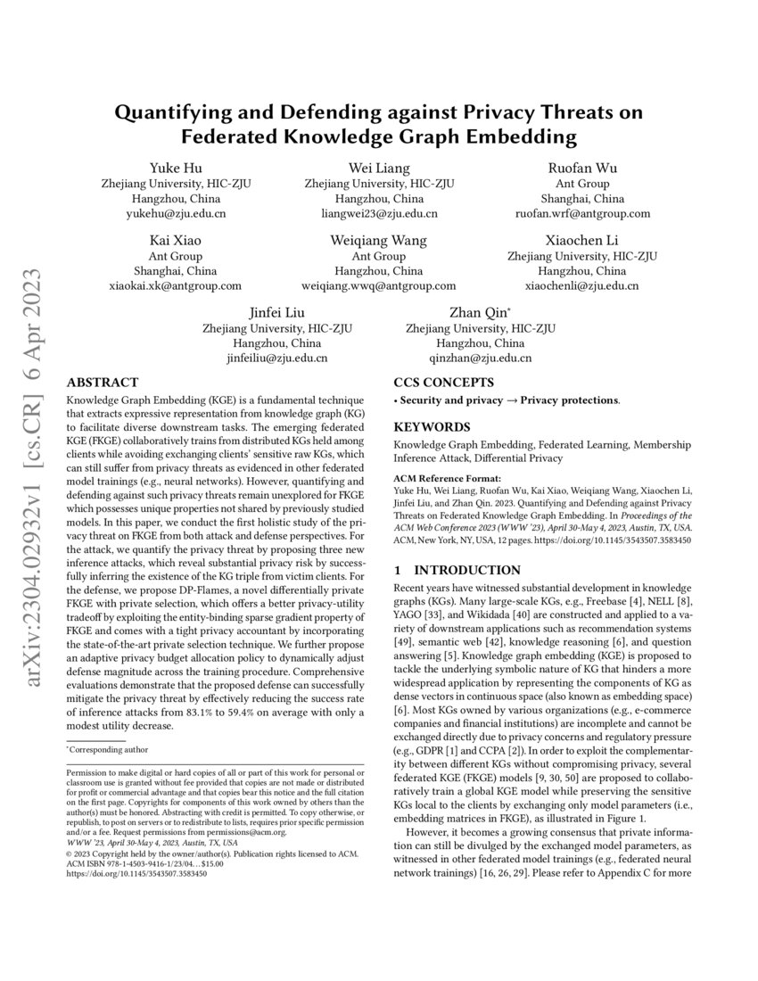 Quantifying and Defending against Privacy Threats on Federated Knowledge Graph Embedding | DeepAI
