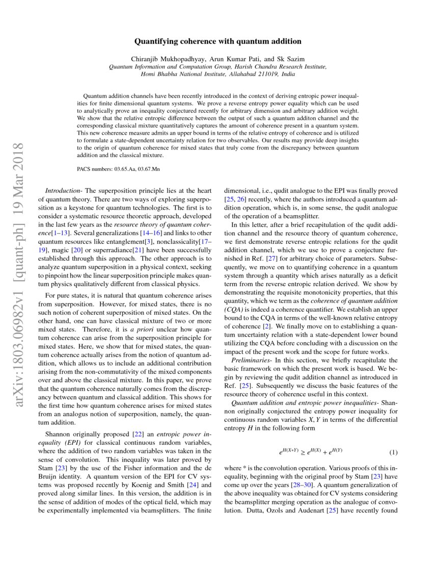 Quantifying coherence with quantum addition | DeepAI
