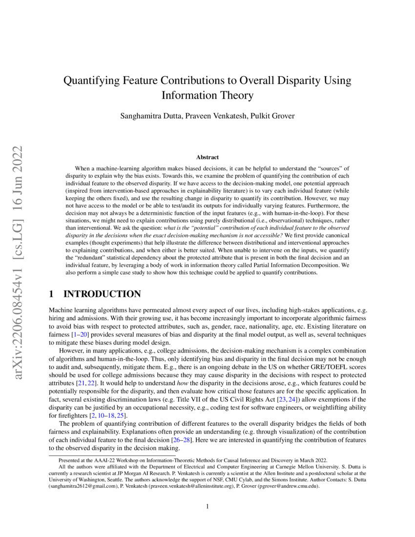 Quantifying Feature Contributions To Overall Disparity Using Information Theory Deepai