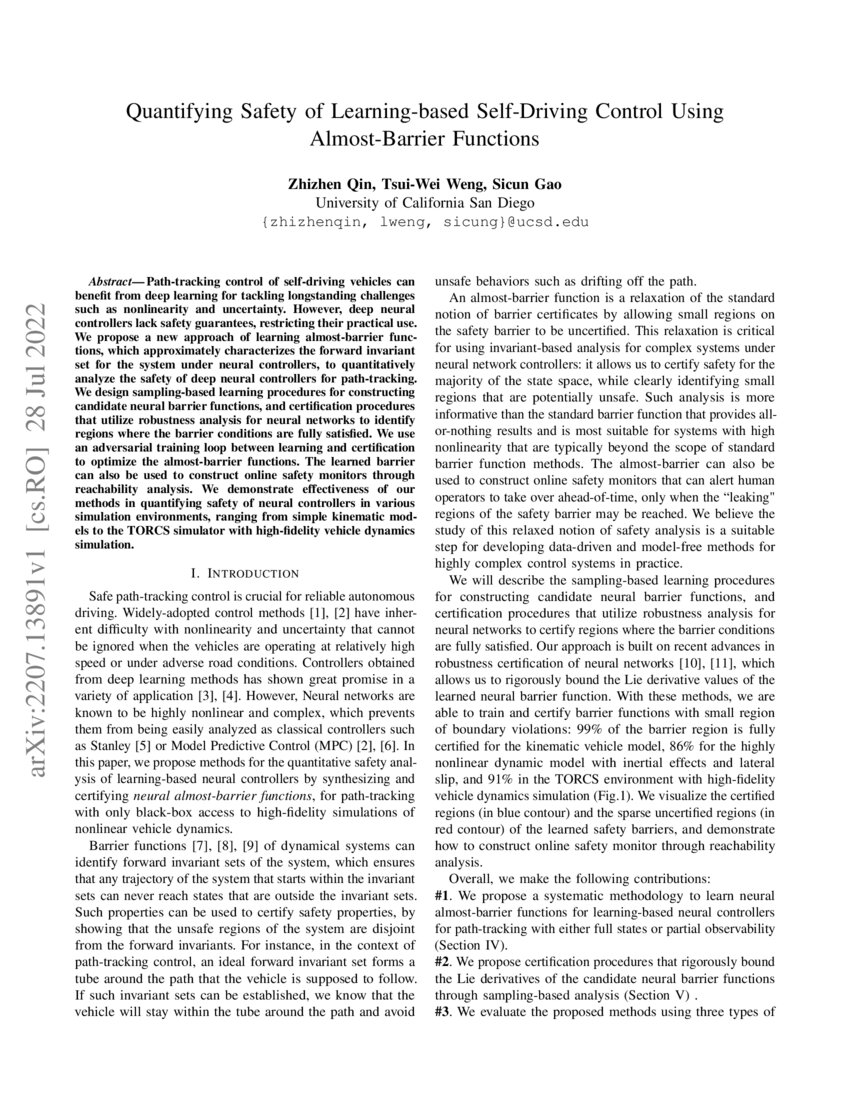 Quantifying Safety Of Learning Based Self Driving Control Using Almost Barrier Functions Deepai