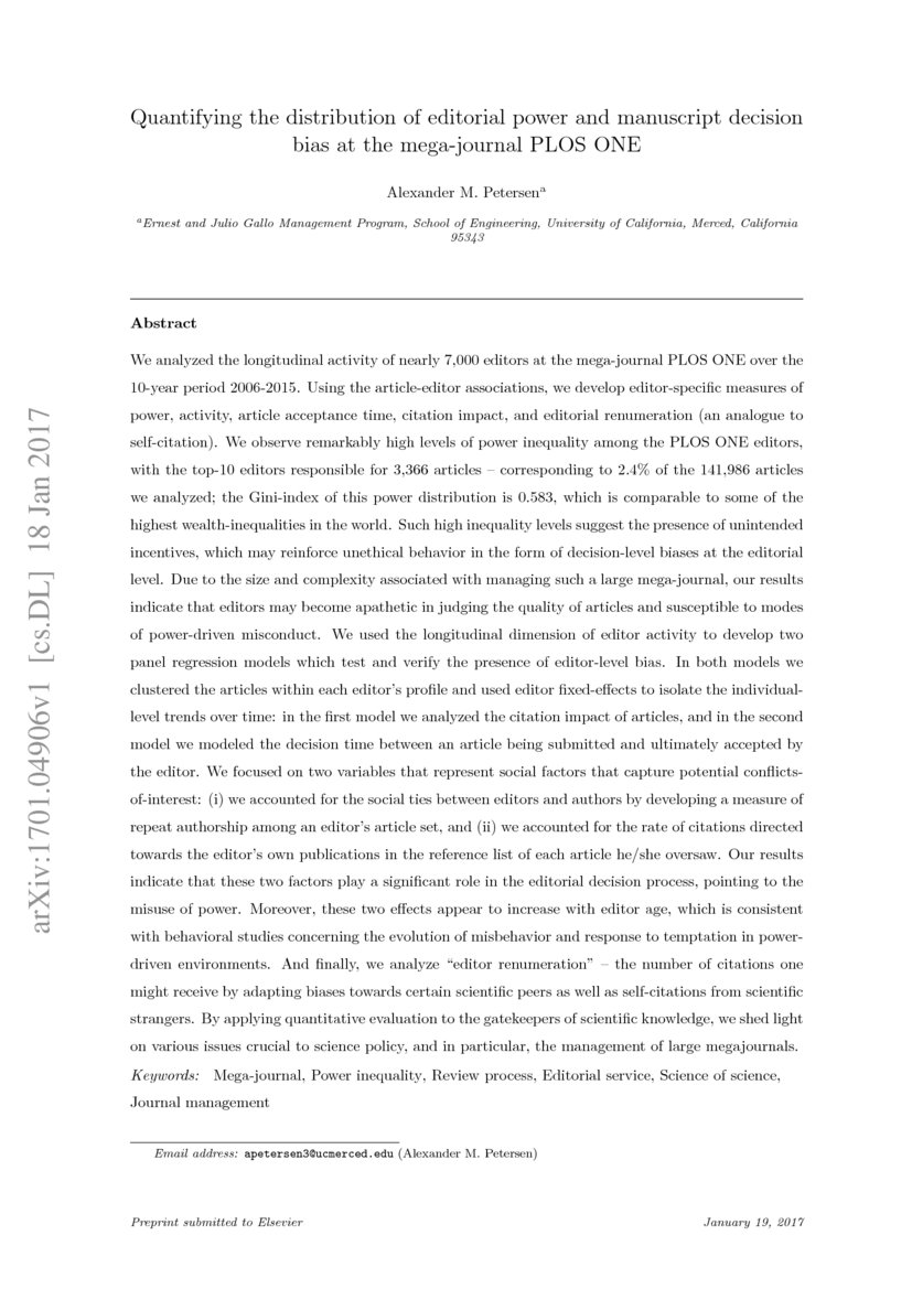 Quantifying the distribution of editorial power and manuscript decision ...