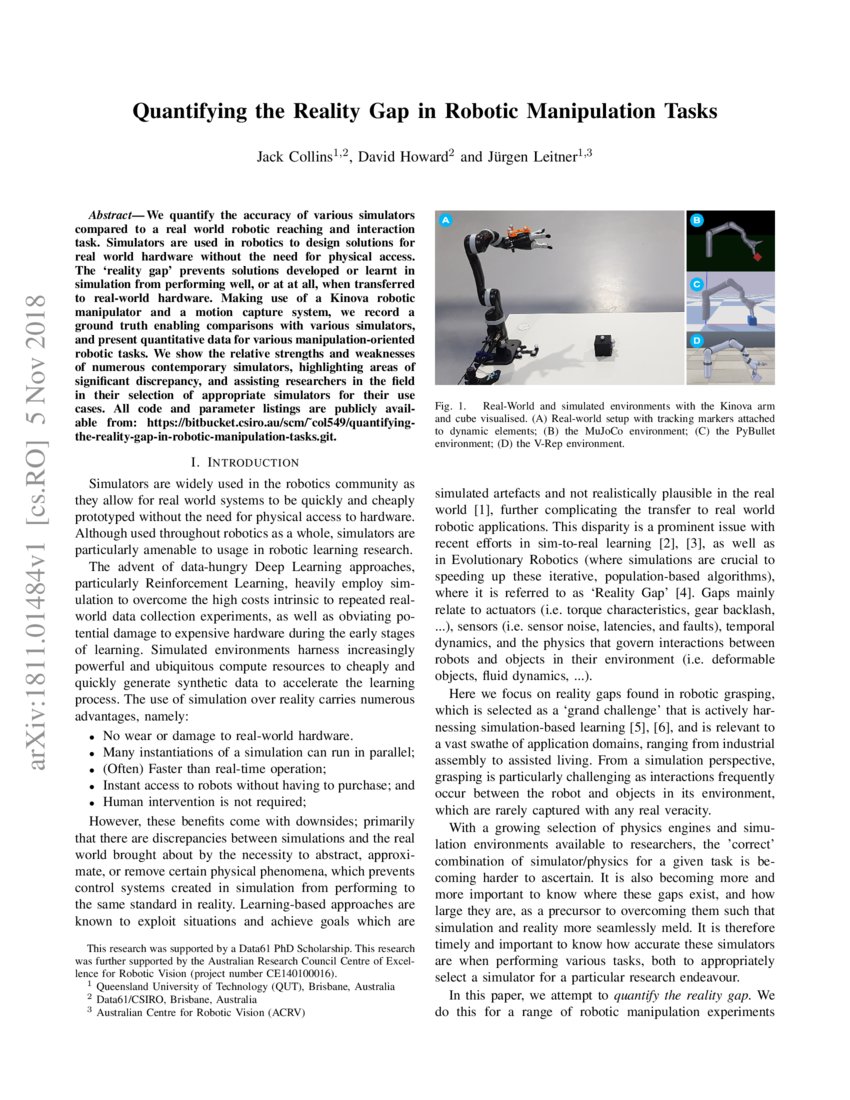 Quantifying the Reality Gap in Robotic Manipulation Tasks | DeepAI