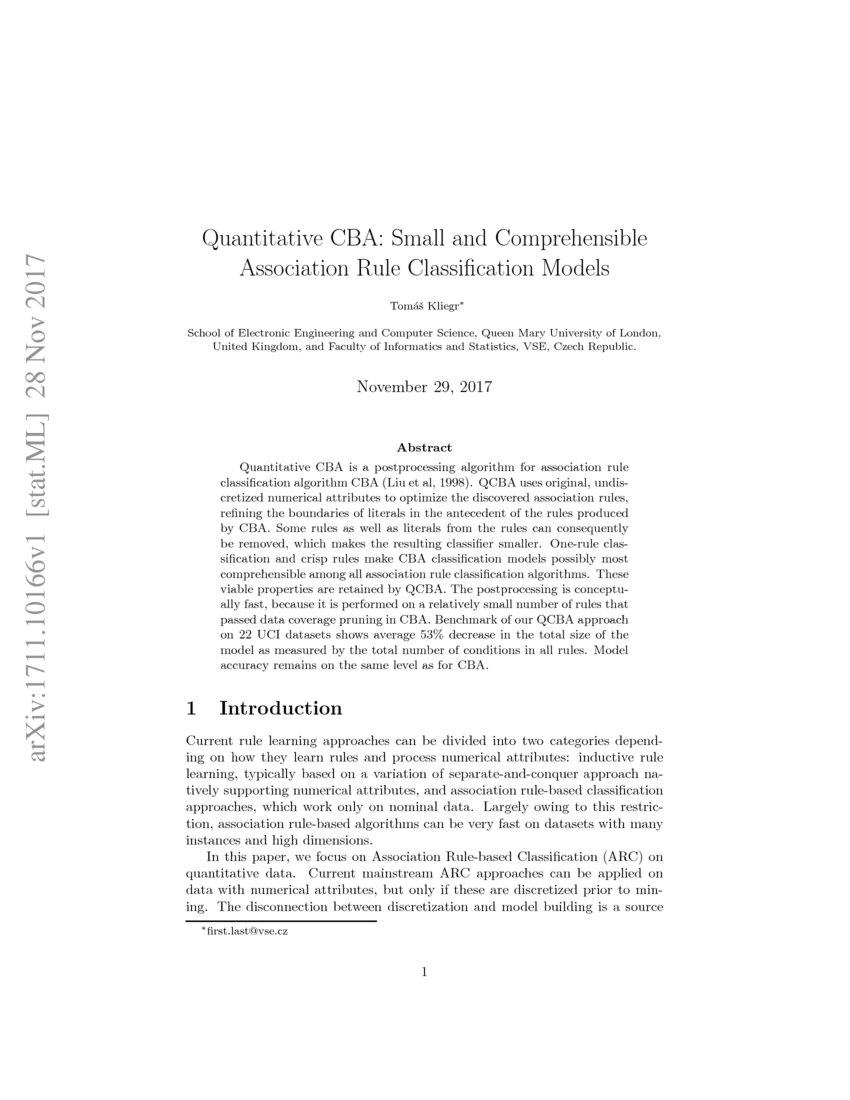 Quantitative Cba Small And Comprehensible Association Rule Classification Models Deepai