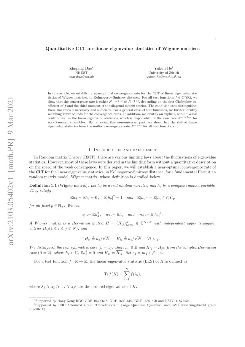 Quantitative CLT for linear eigenvalue statistics of Wigner matrices | DeepAI