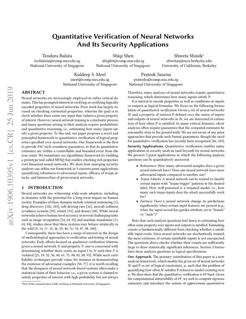 Quantitative Verification Of Neural Networks And Its Security Applications Deepai