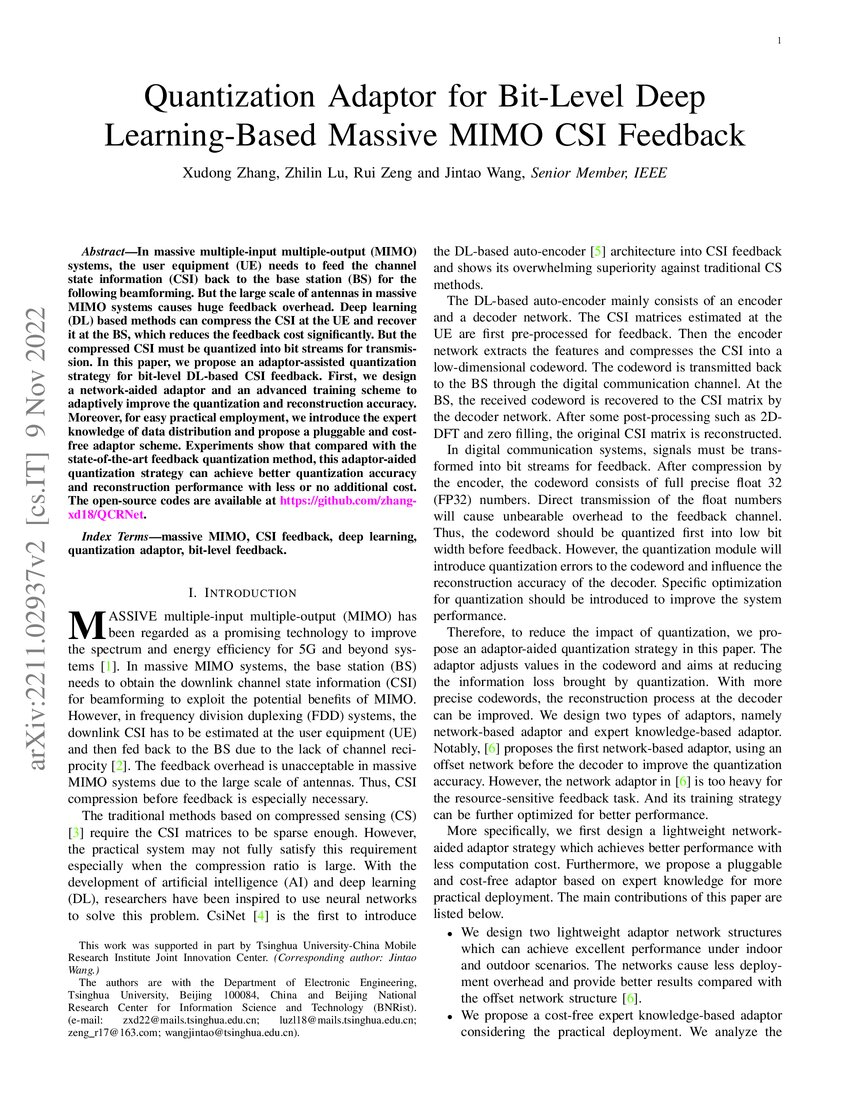 Quantization Adaptor For Bit Level Deep Learning Based Massive Mimo Csi Feedback Deepai