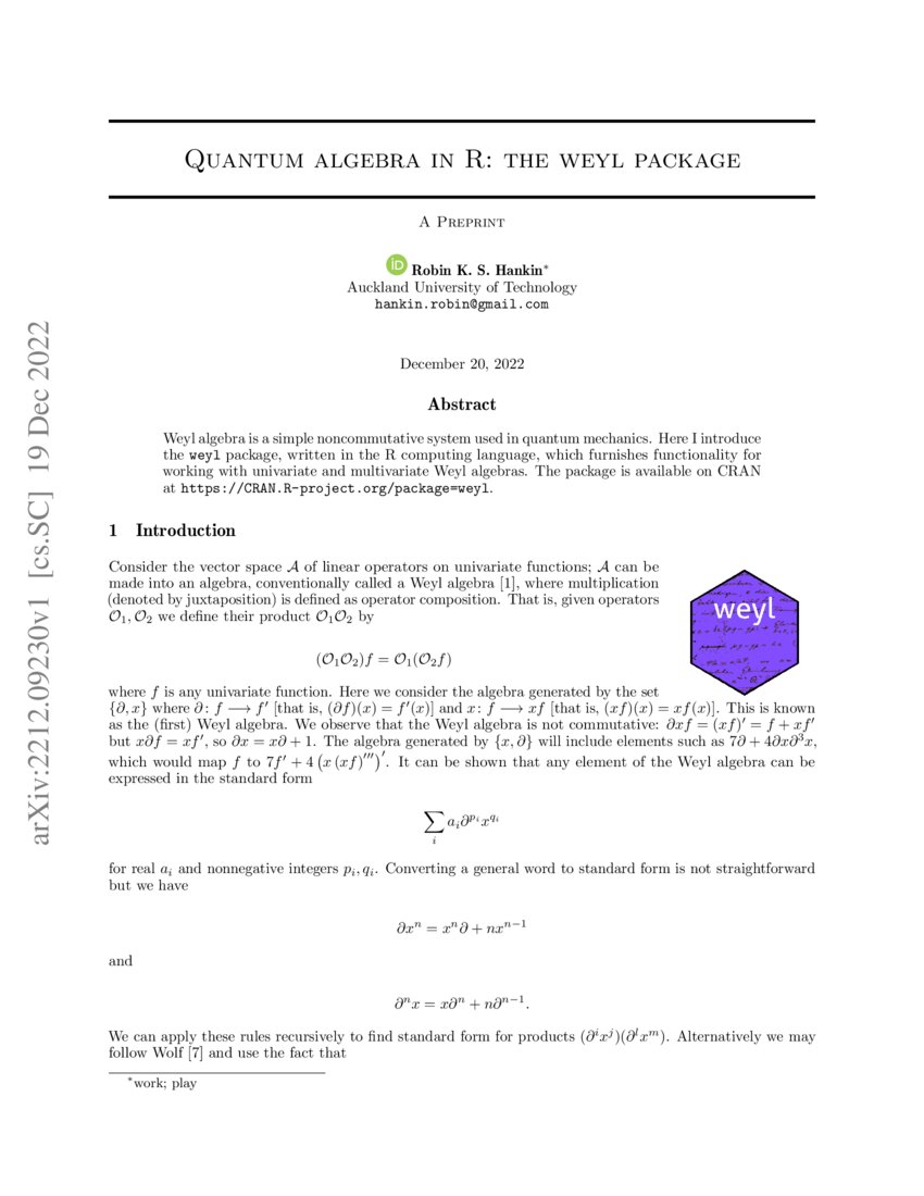 Quantum algebra in R: the weyl package | DeepAI
