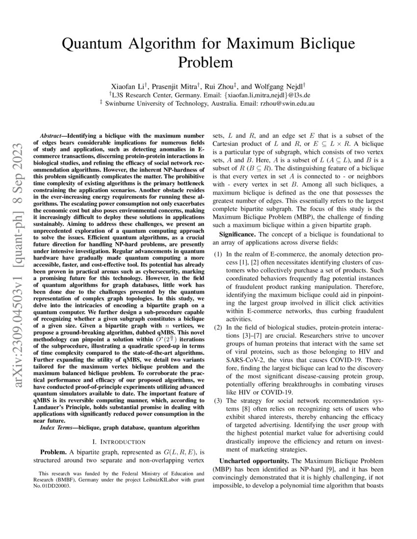 Quantum Algorithm for Maximum Biclique Problem | DeepAI