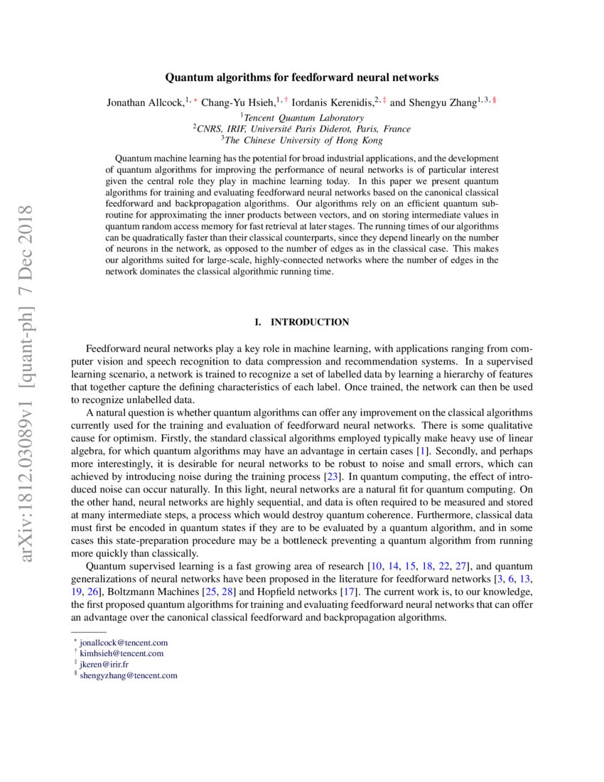 Quantum algorithms for feedforward neural networks | DeepAI