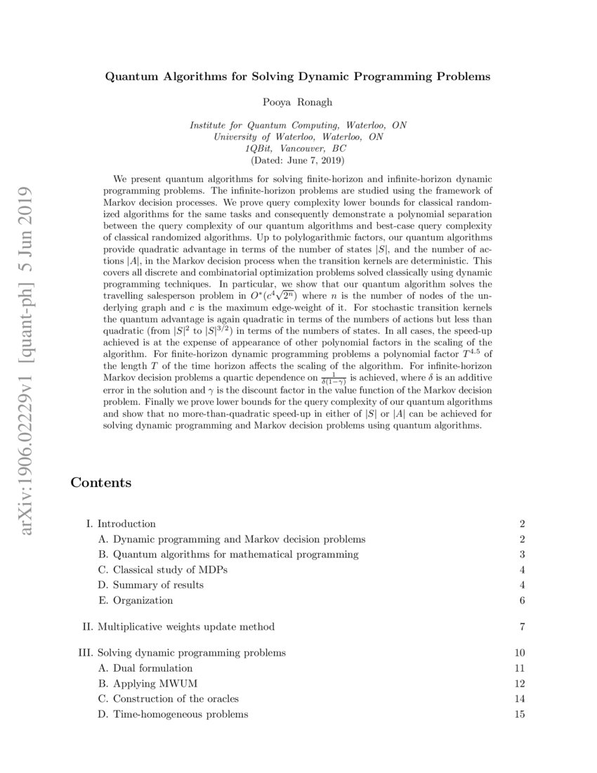 Quantum Algorithms For Solving Dynamic Programming Problems Deepai 9681