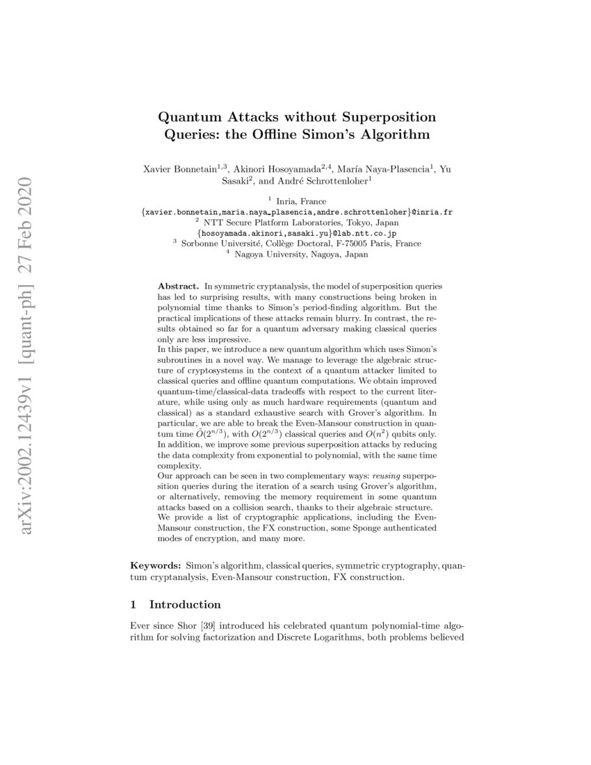 Quantum Attacks Without Superposition Queries The Offline Simon S Algorithm Deepai