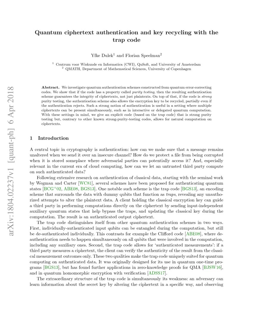 Quantum ciphertext authentication and key recycling with the trap code ...