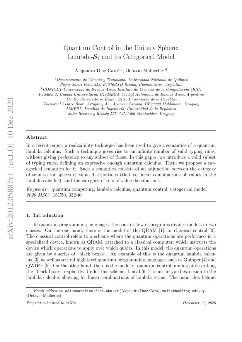 Quantum Control in the Unitary Sphere: Lambda-S1 and its Categorical Model | DeepAI