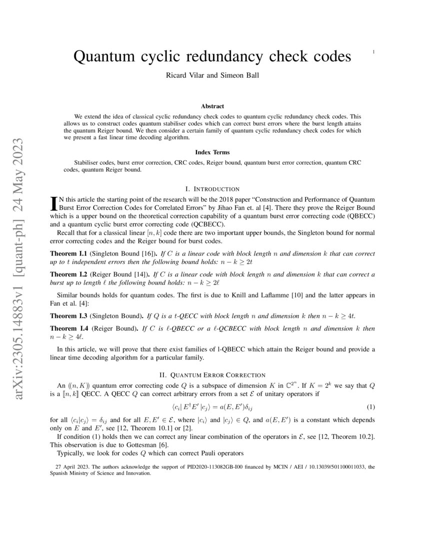 Quantum cyclic redundancy check codes | DeepAI