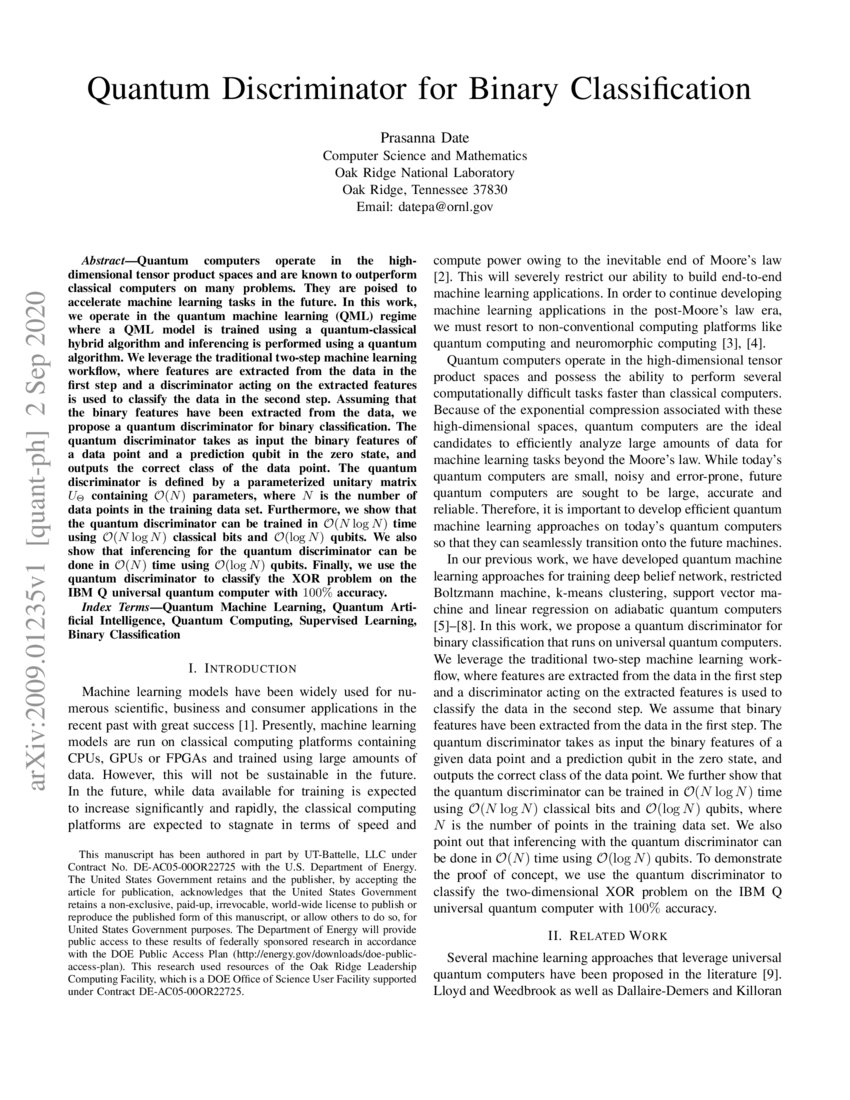 Quantum Discriminator for Binary Classification | DeepAI