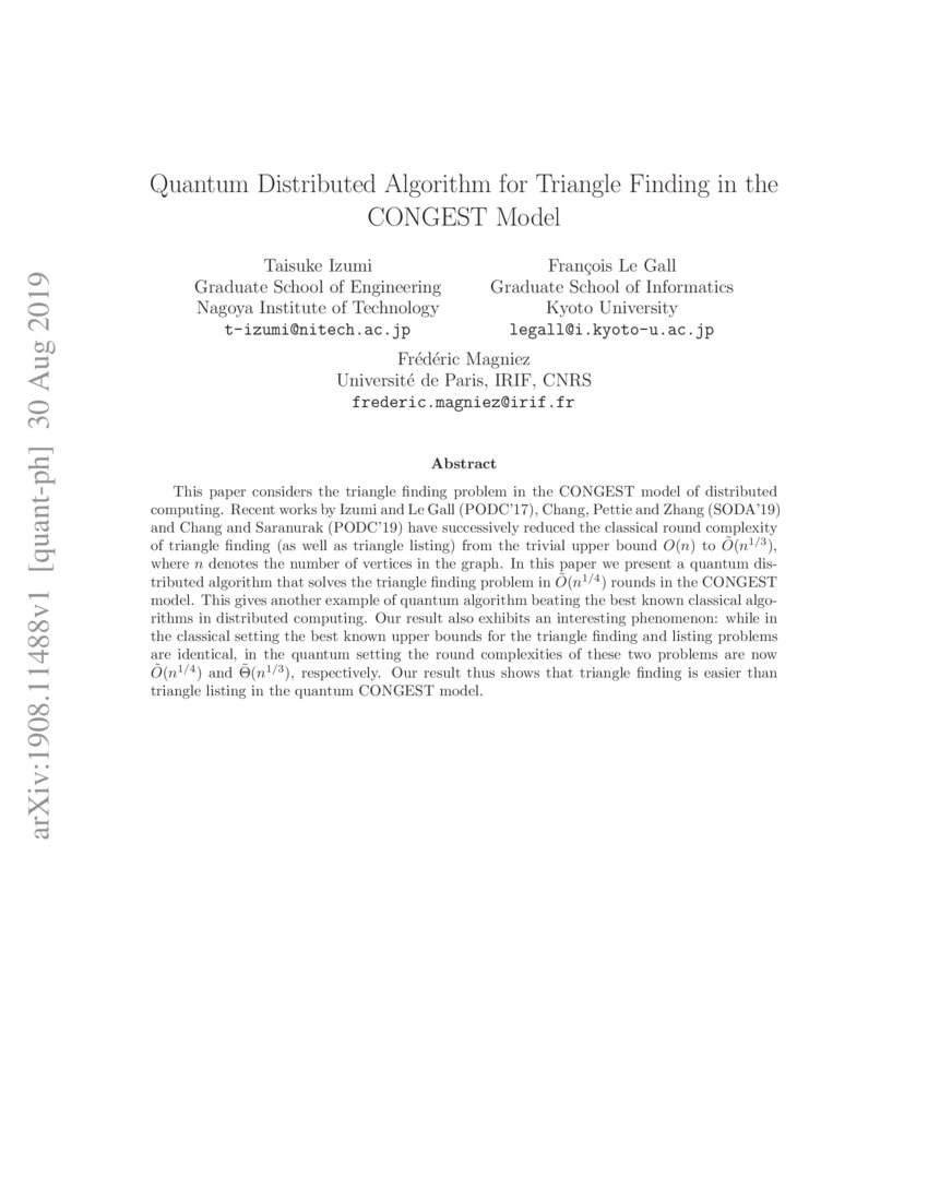 Quantum Distributed Algorithm For Triangle Finding In The Congest Model Deepai