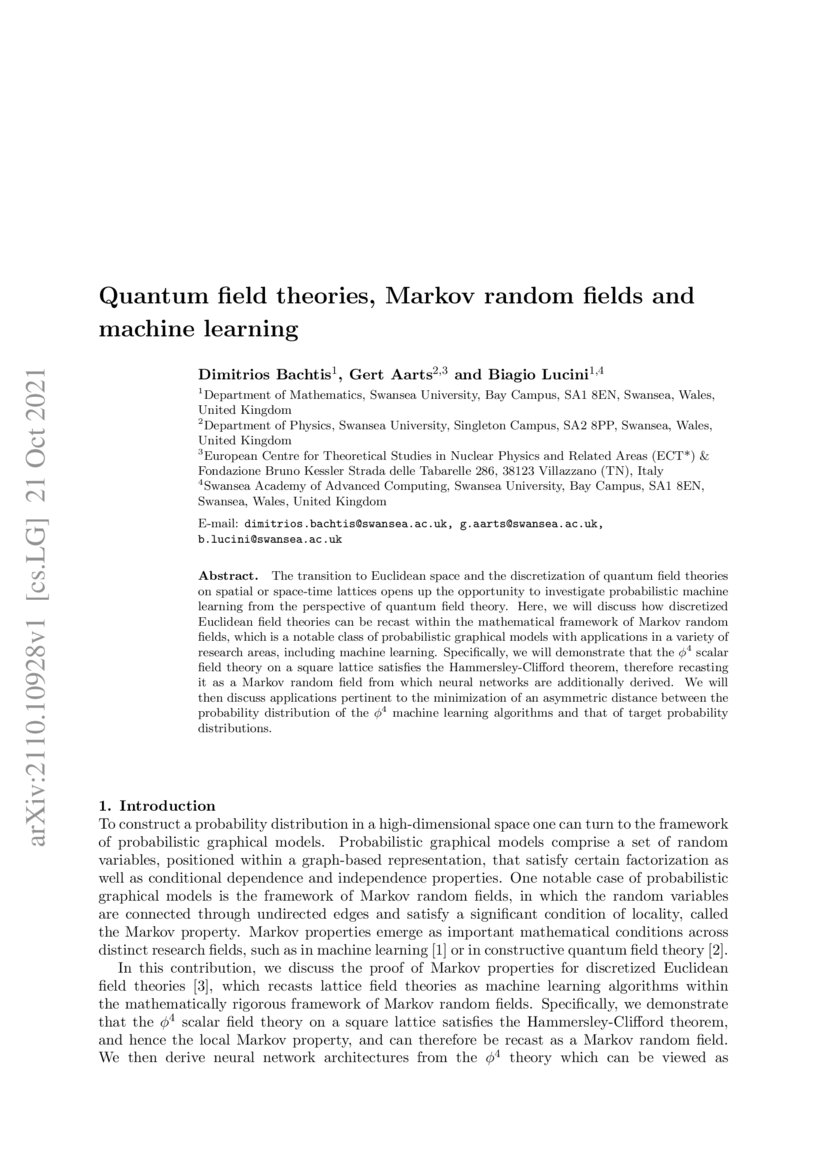 Quantum field theories, Markov random fields and machine learning | DeepAI