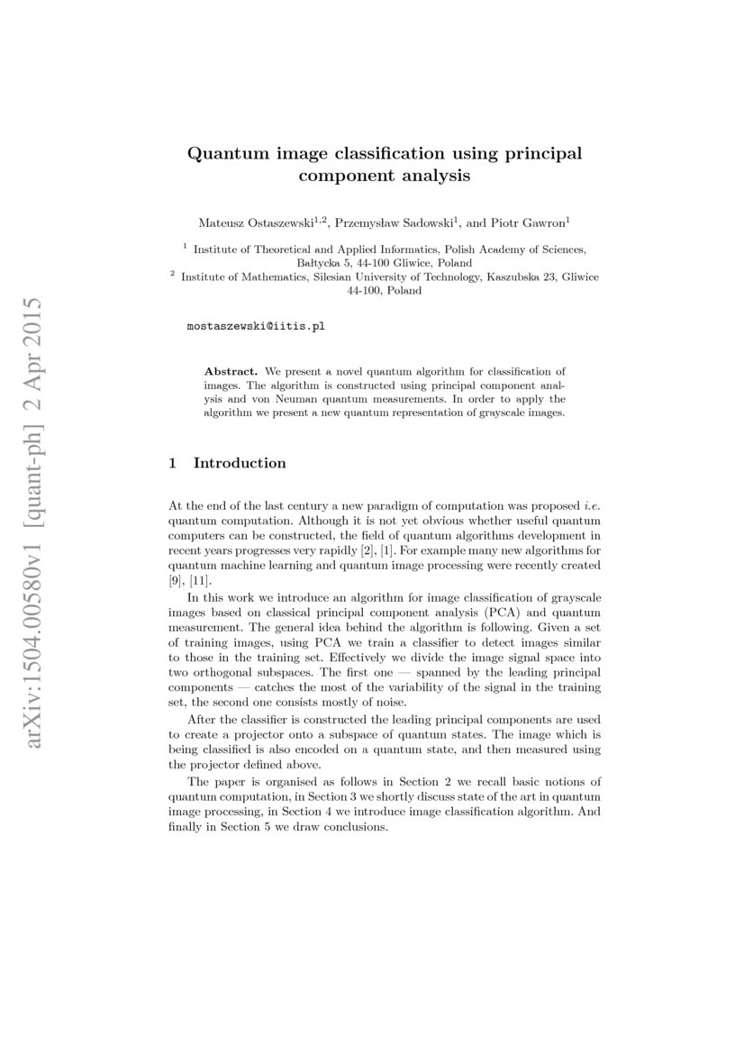 Quantum image classification using principal component analysis | DeepAI