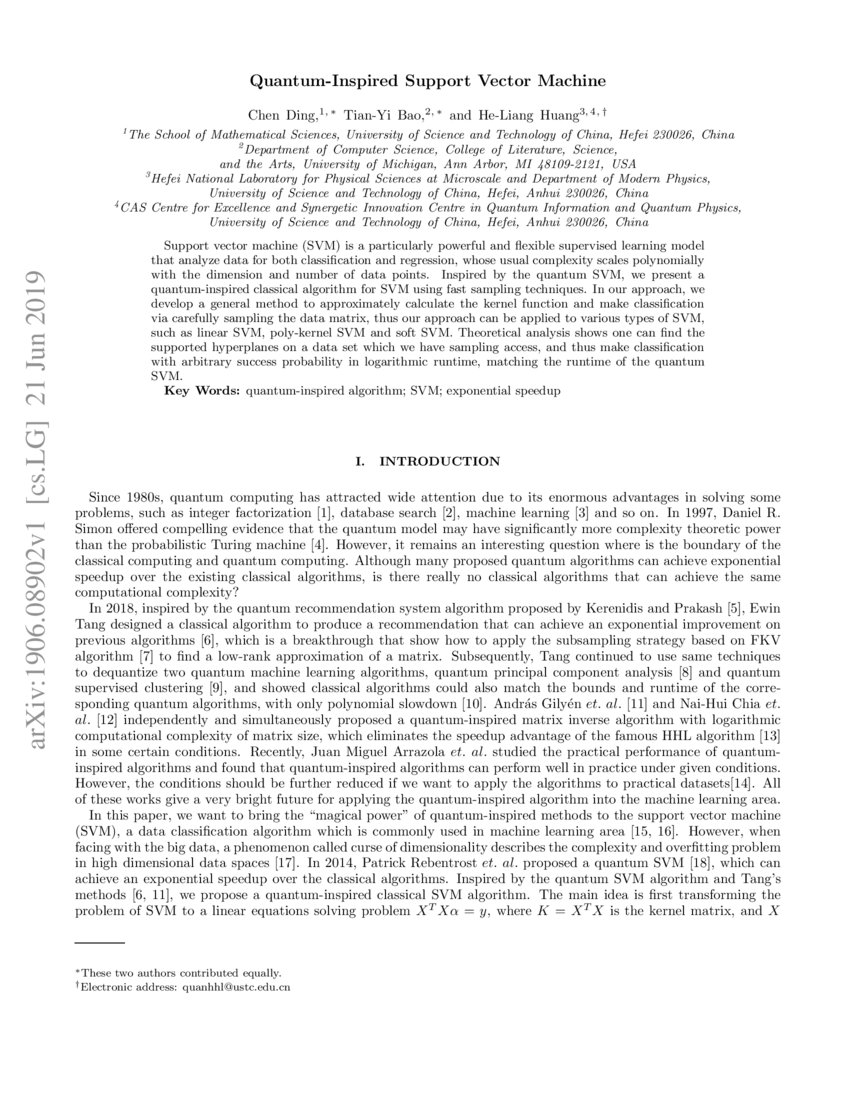Quantum-Inspired Support Vector Machine | DeepAI