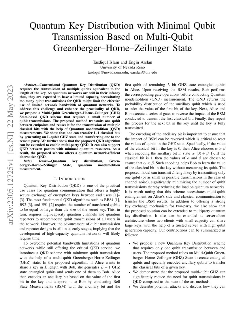Quantum Key Distribution with Minimal Qubit Transmission Based on MultiQubit Greenberger Horne ...