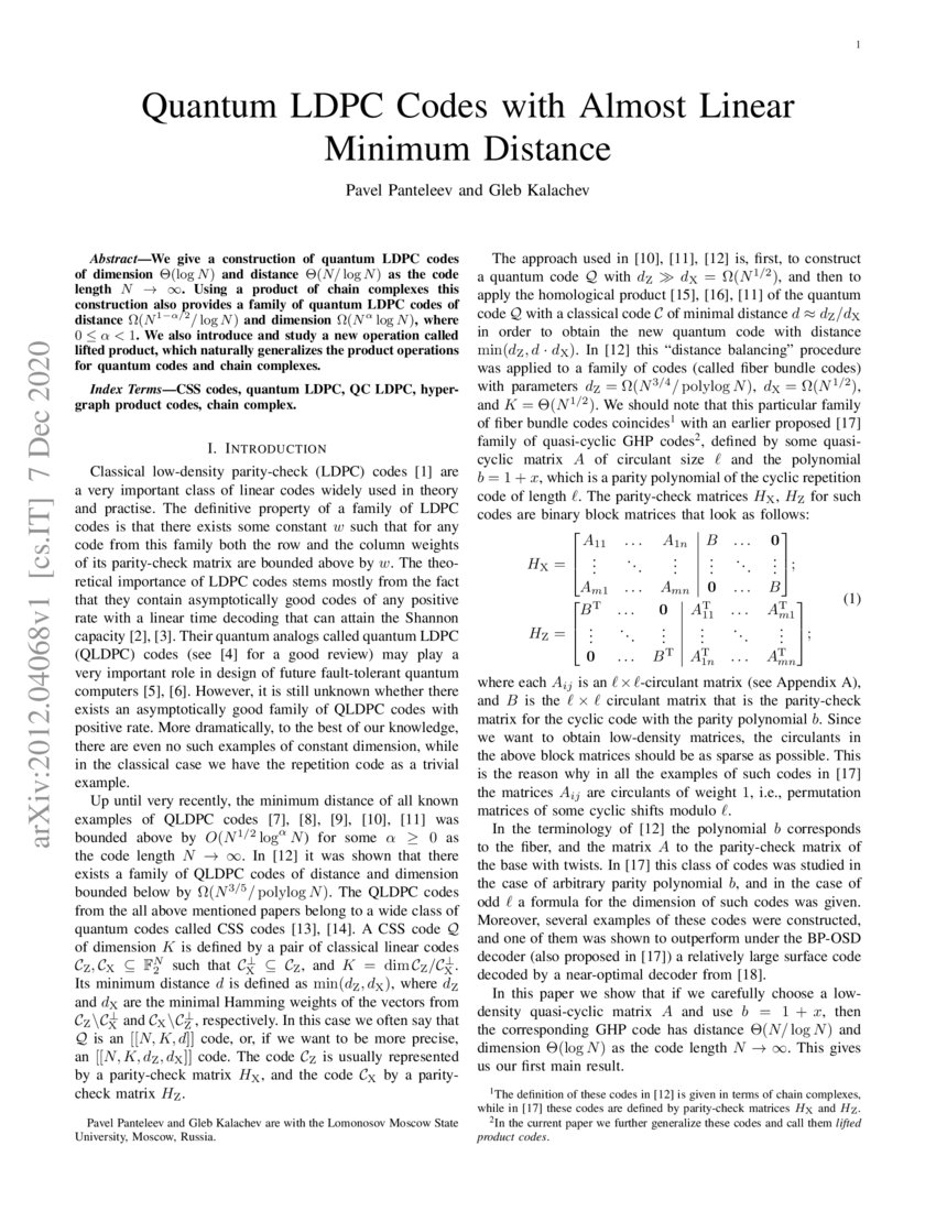 Quantum LDPC Codes with Almost Linear Minimum Distance | DeepAI