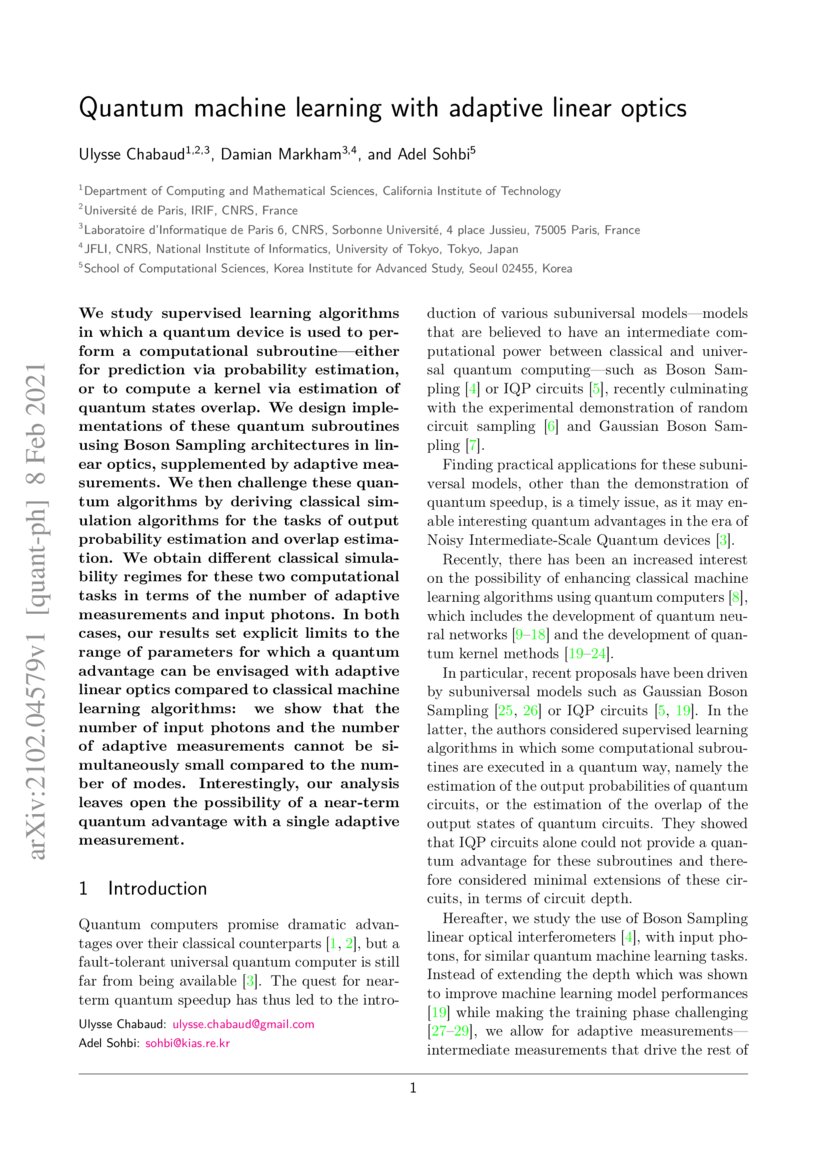 Quantum machine learning with adaptive linear optics | DeepAI