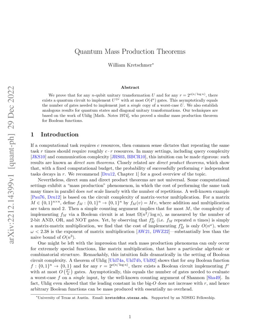 Quantum Mass Production Theorems | DeepAI