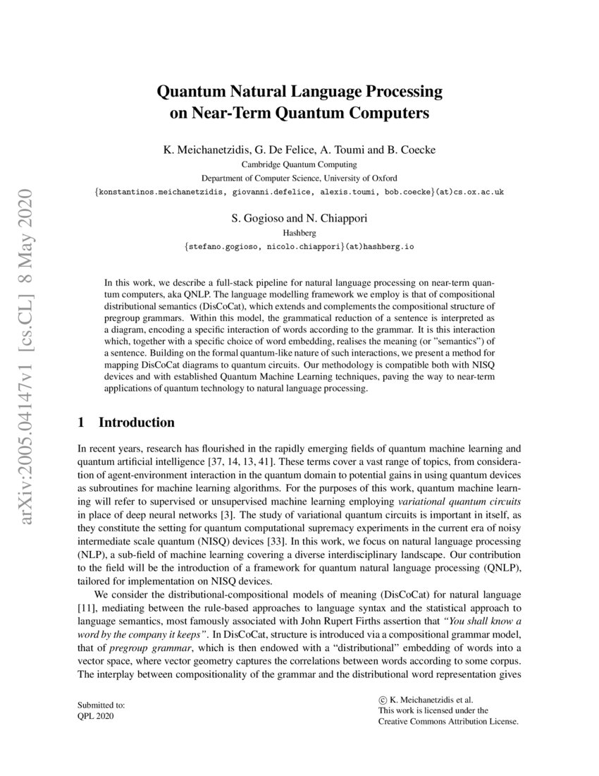 Quantum Natural Language Processing on Near-Term Quantum Computers | DeepAI