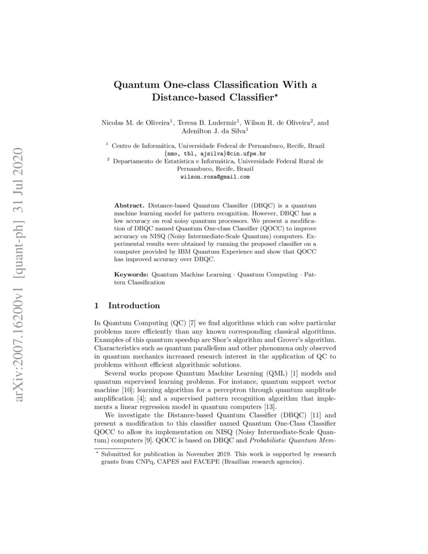 Quantum One-class Classification With a Distance-based Classifier | DeepAI