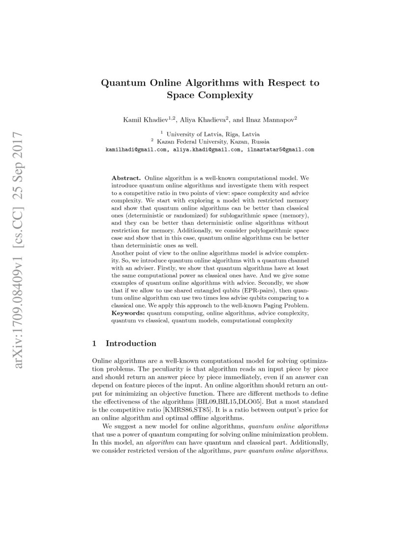 Quantum Online Algorithms With Respect To Space Complexity Deepai