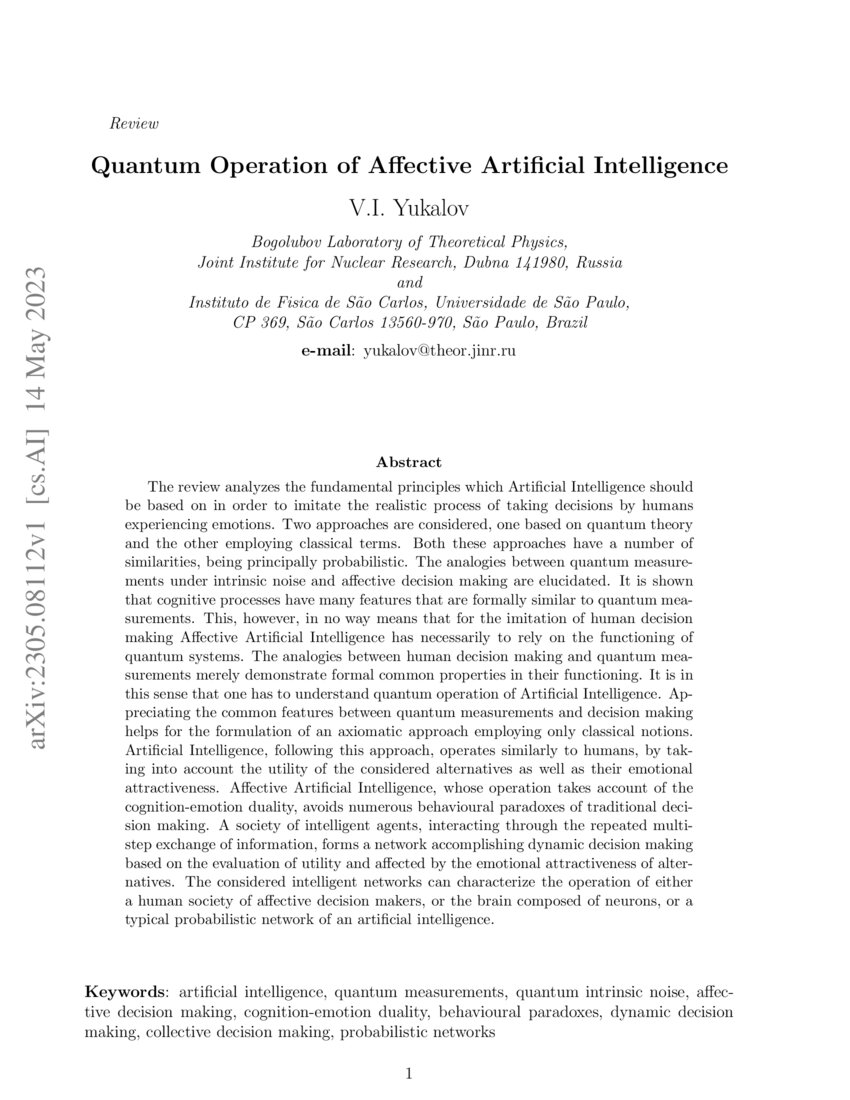 Quantum Operation of Affective Artificial Intelligence | DeepAI