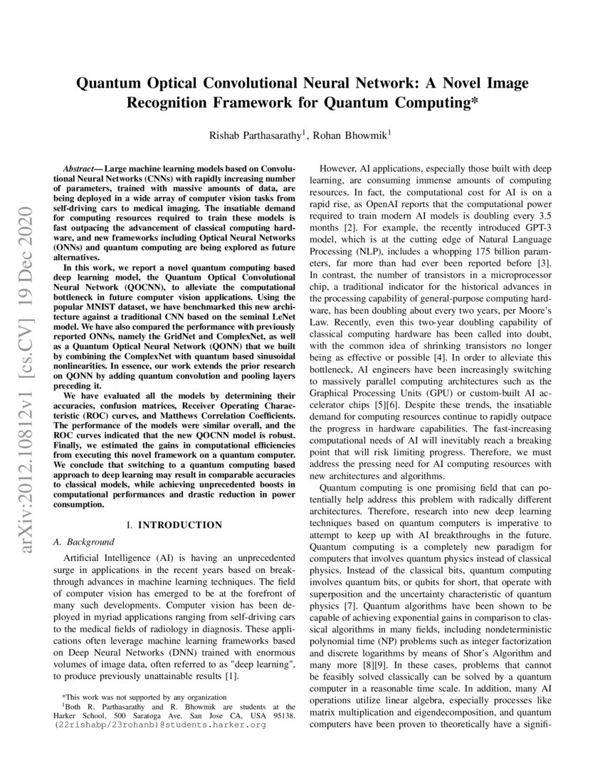 Quantum Optical Convolutional Neural Network: A Novel Image Recognition ...