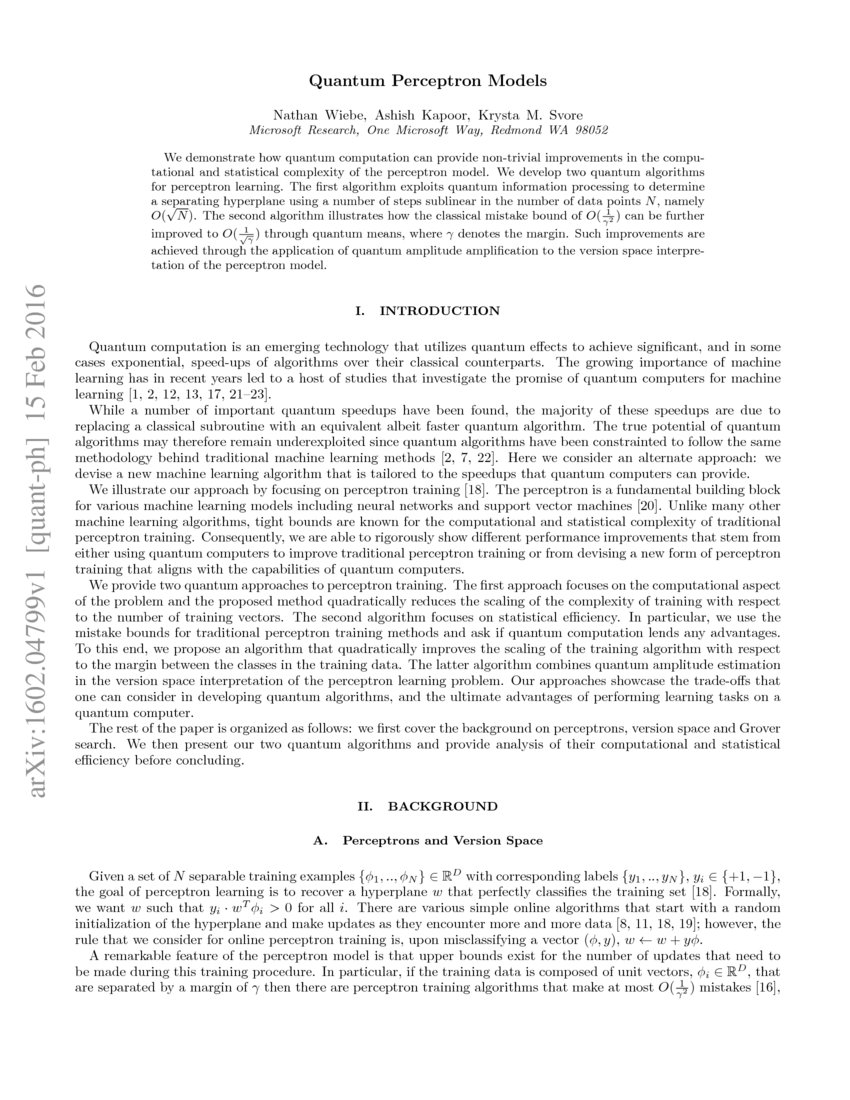 Quantum Perceptron Models | DeepAI