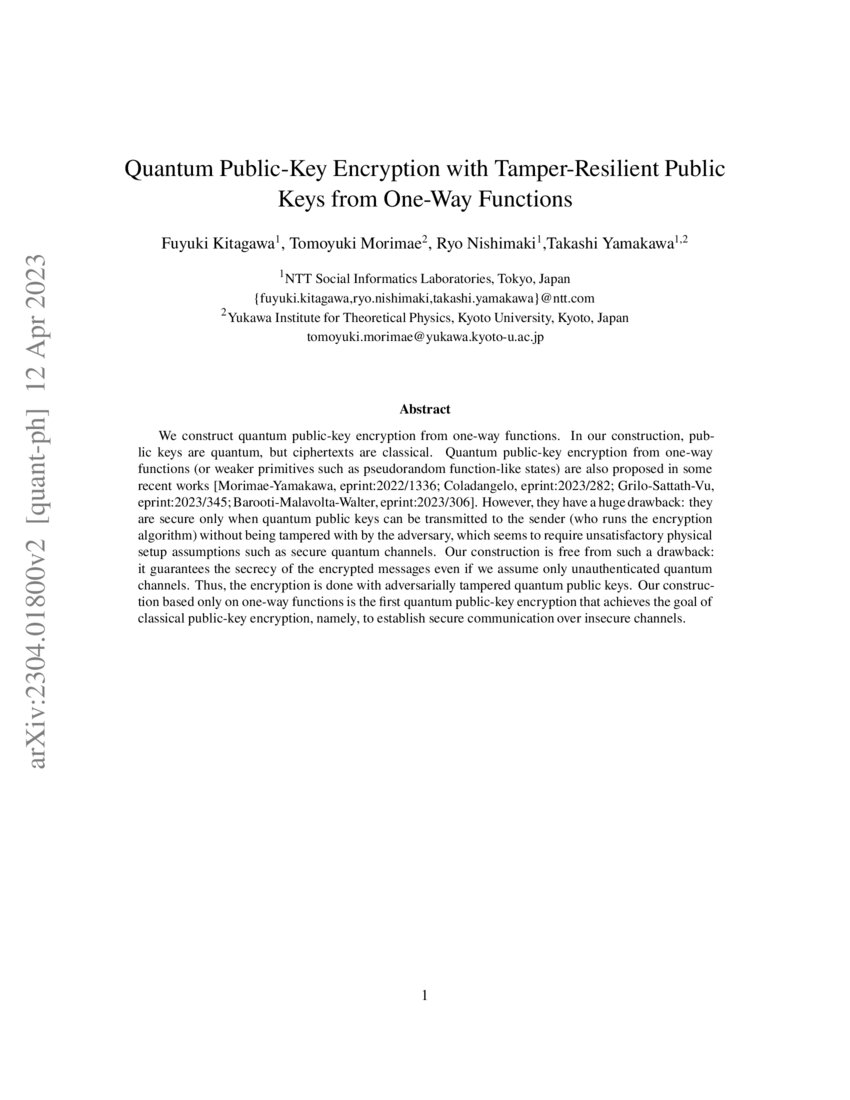 Quantum Public Key Encryption With Tamper Resilient Public Keys From One Way Functions Deepai 