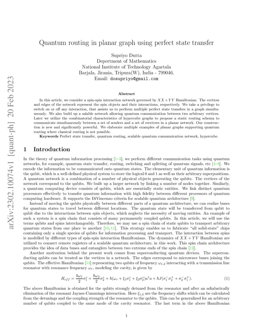 Quantum routing in planar graph using perfect state transfer | DeepAI