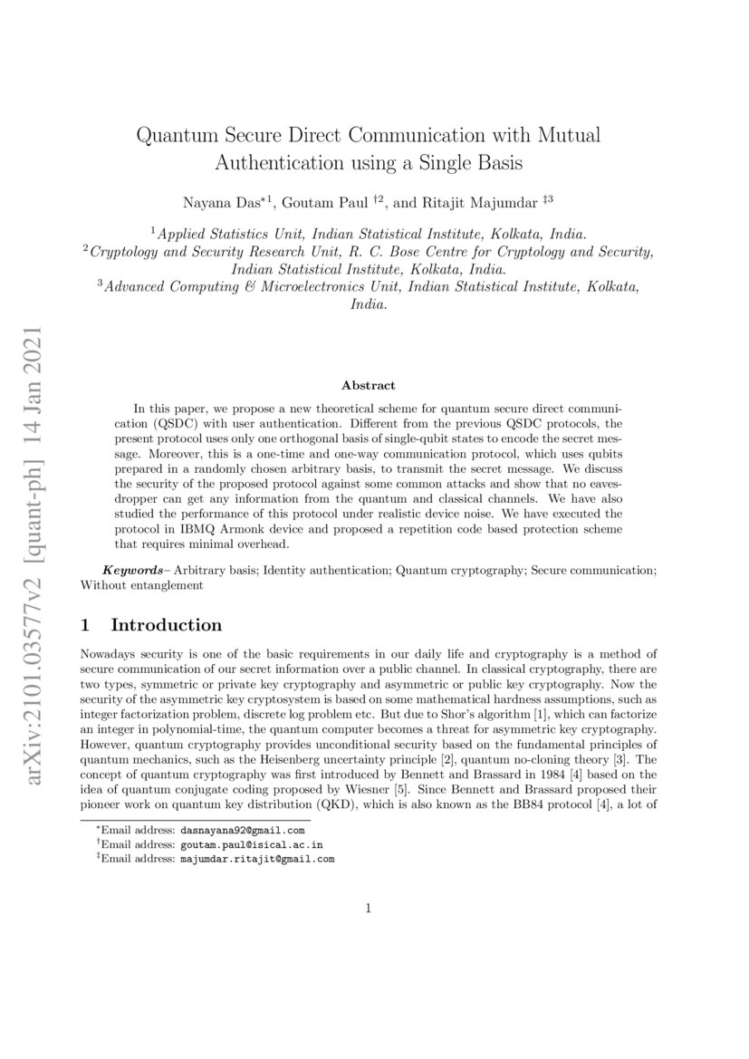 Quantum Secure Direct Communication With Mutual Authentication Using A Single Basis Deepai 