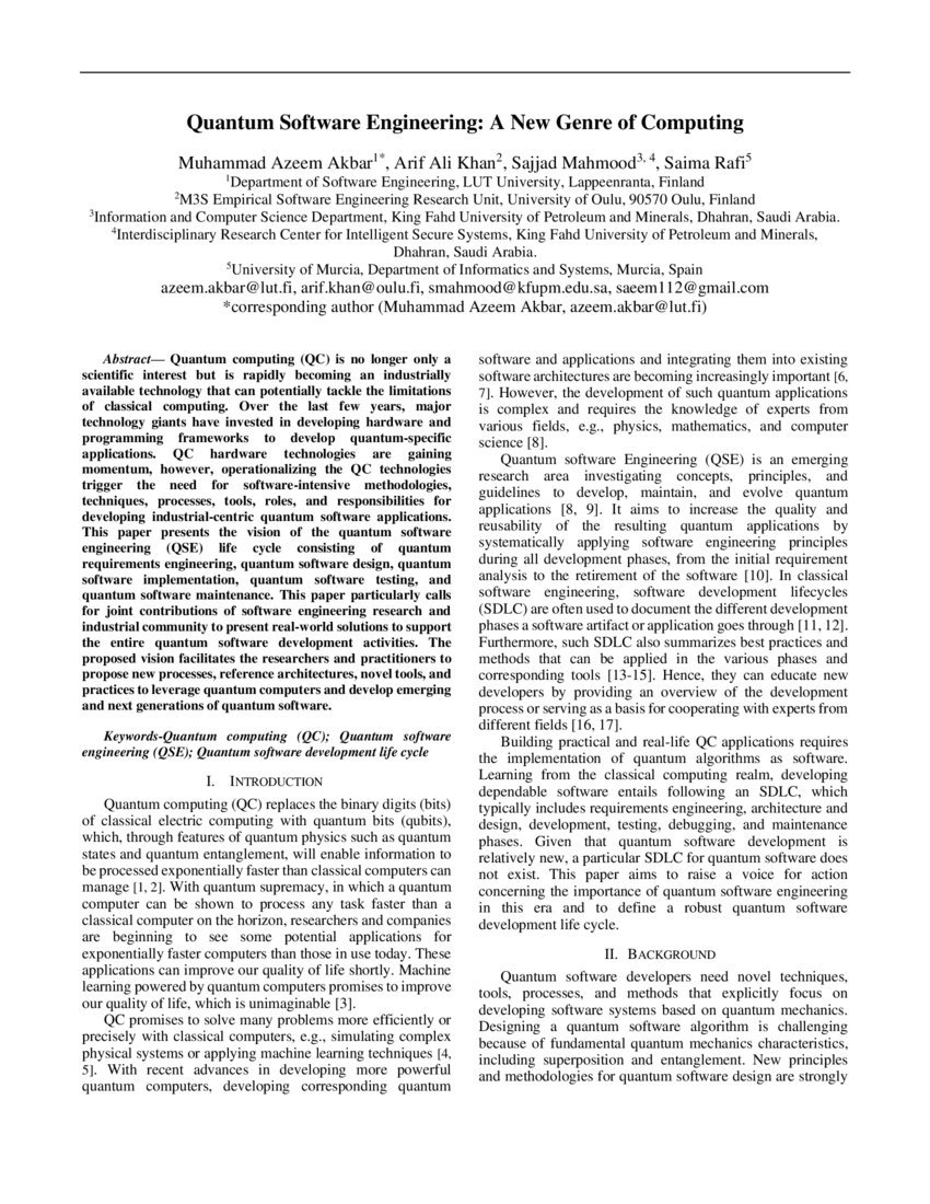 Quantum Software Engineering: A New Genre of Computing | DeepAI