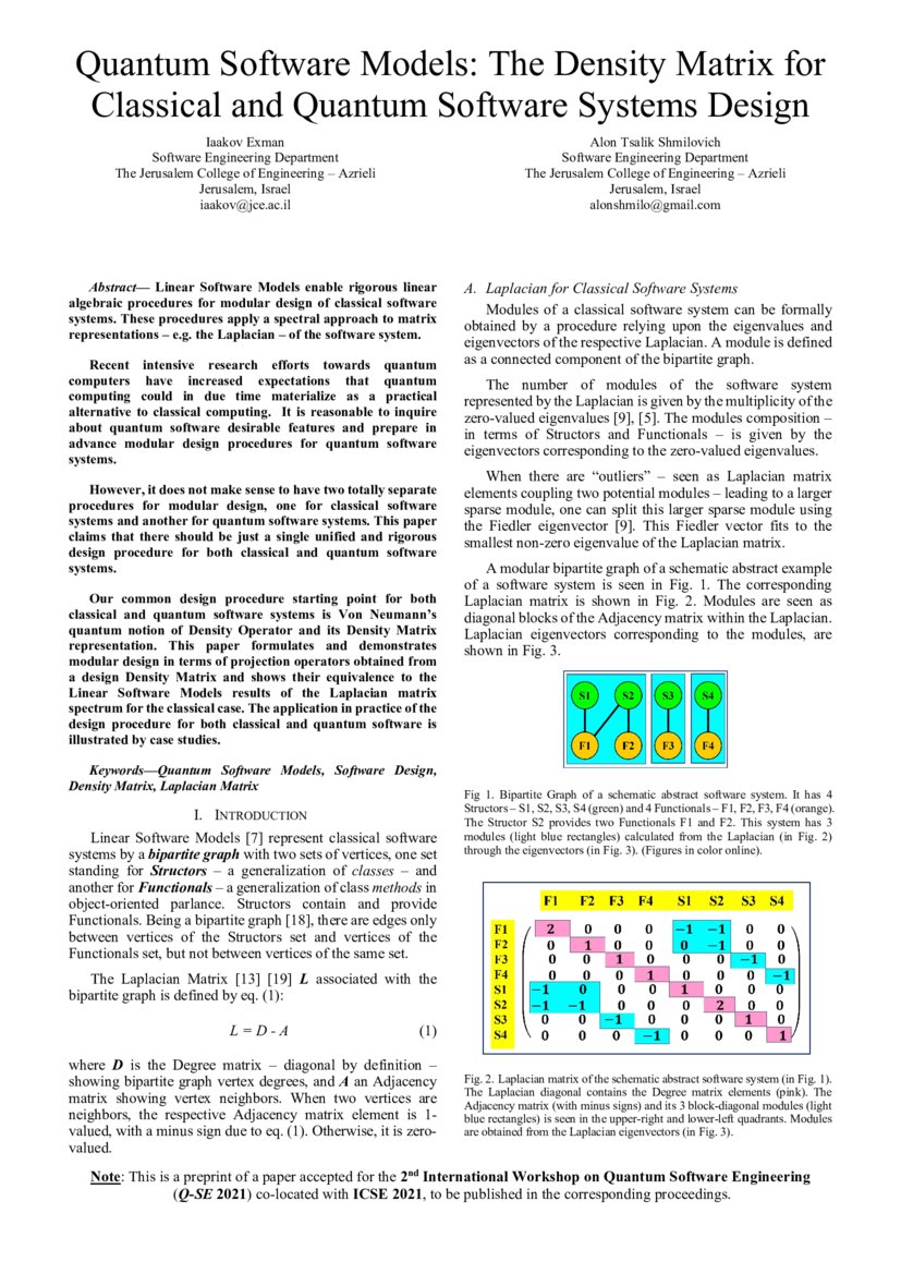 Quantum Software Models: The Density Matrix for Classical and Quantum ...