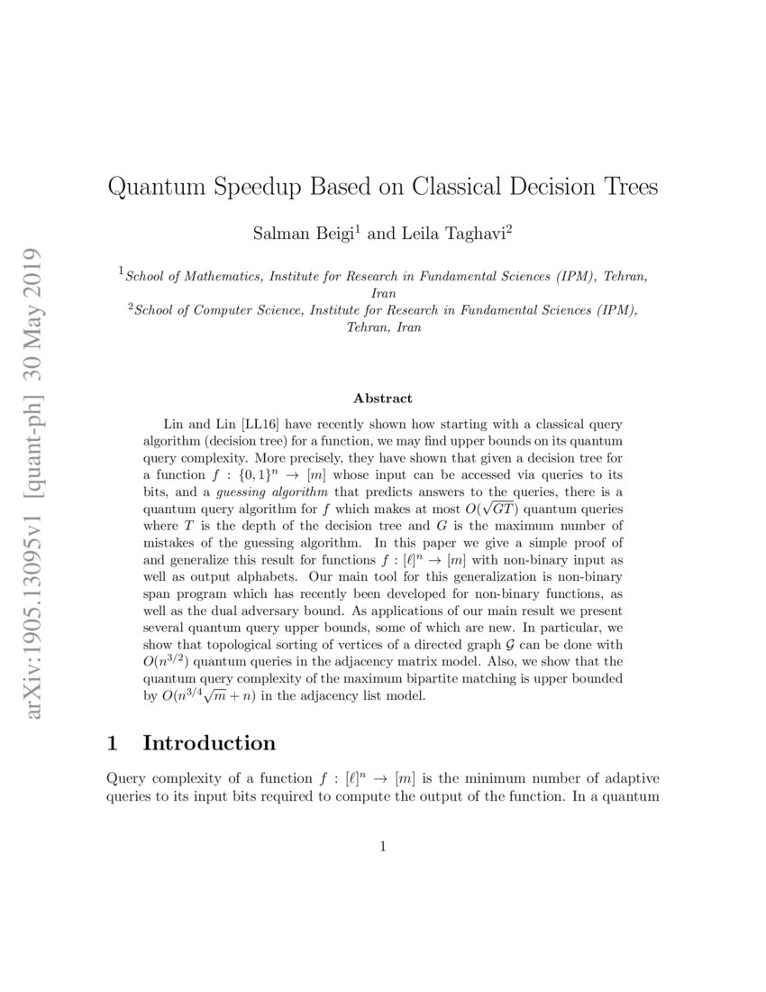 Quantum Speedup Based on Classical Decision Trees | DeepAI
