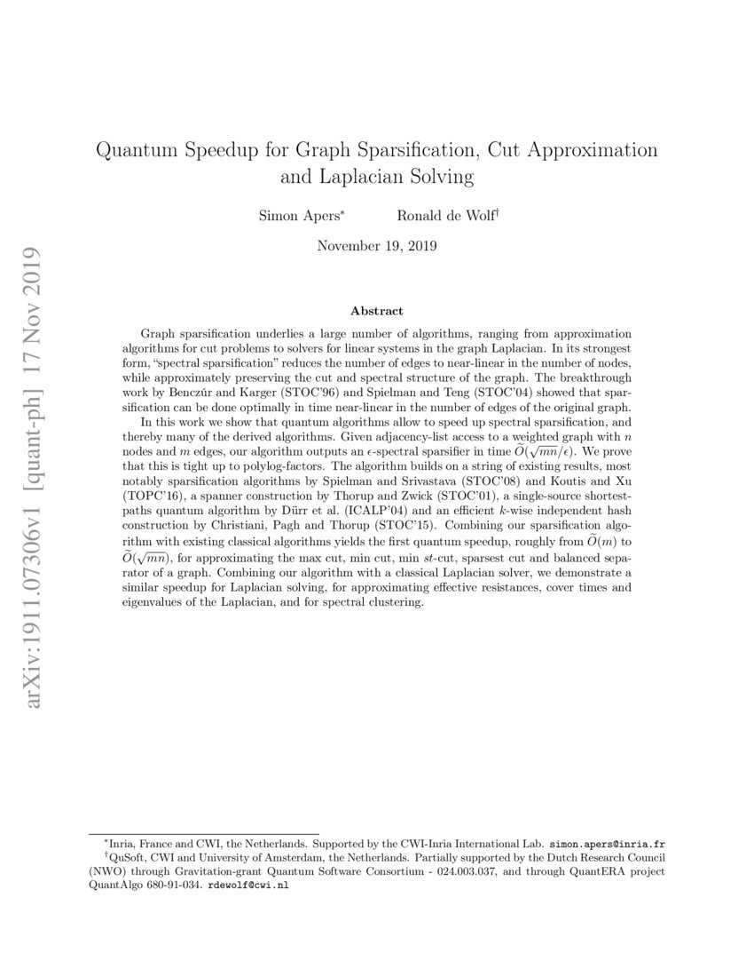 Quantum Speedup For Graph Sparsification Cut Approximation And Laplacian Solving Deepai 