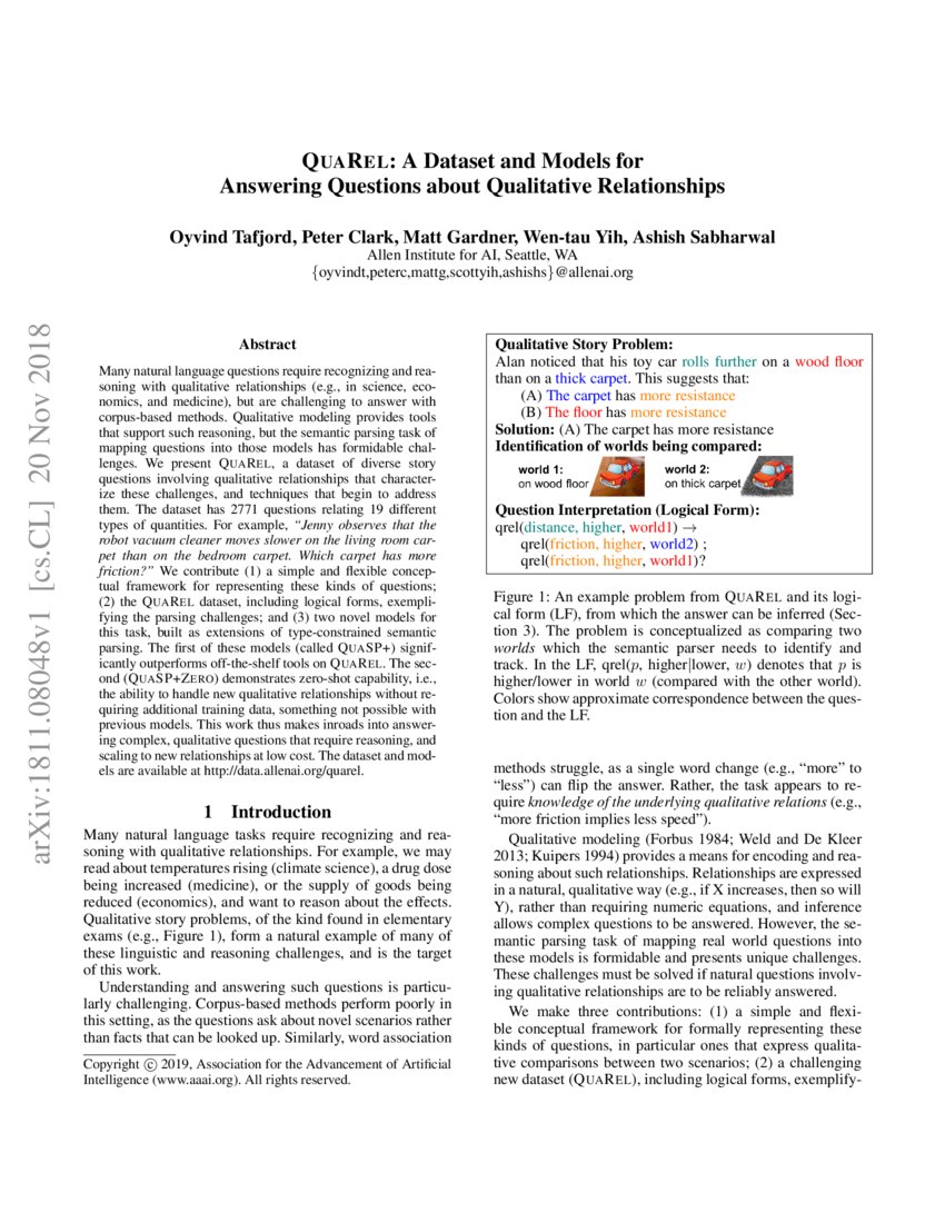 QuaRel: A Dataset and Models for Answering Questions about Qualitative ...