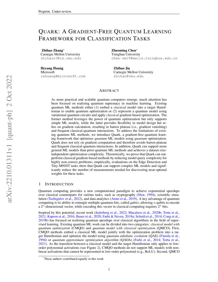 Quark: A Gradient-Free Quantum Learning Framework for Classification Tasks | DeepAI