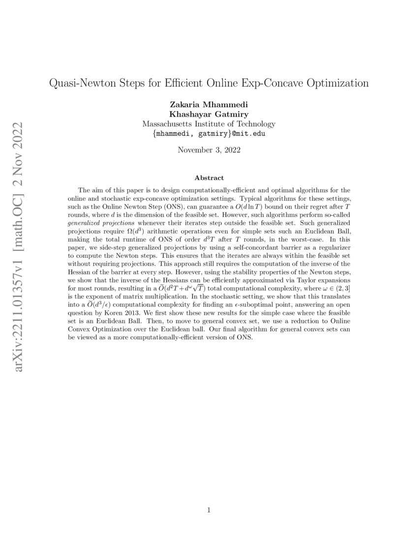 Quasi Newton Steps For Efficient Online Exp Concave Optimization Deepai 