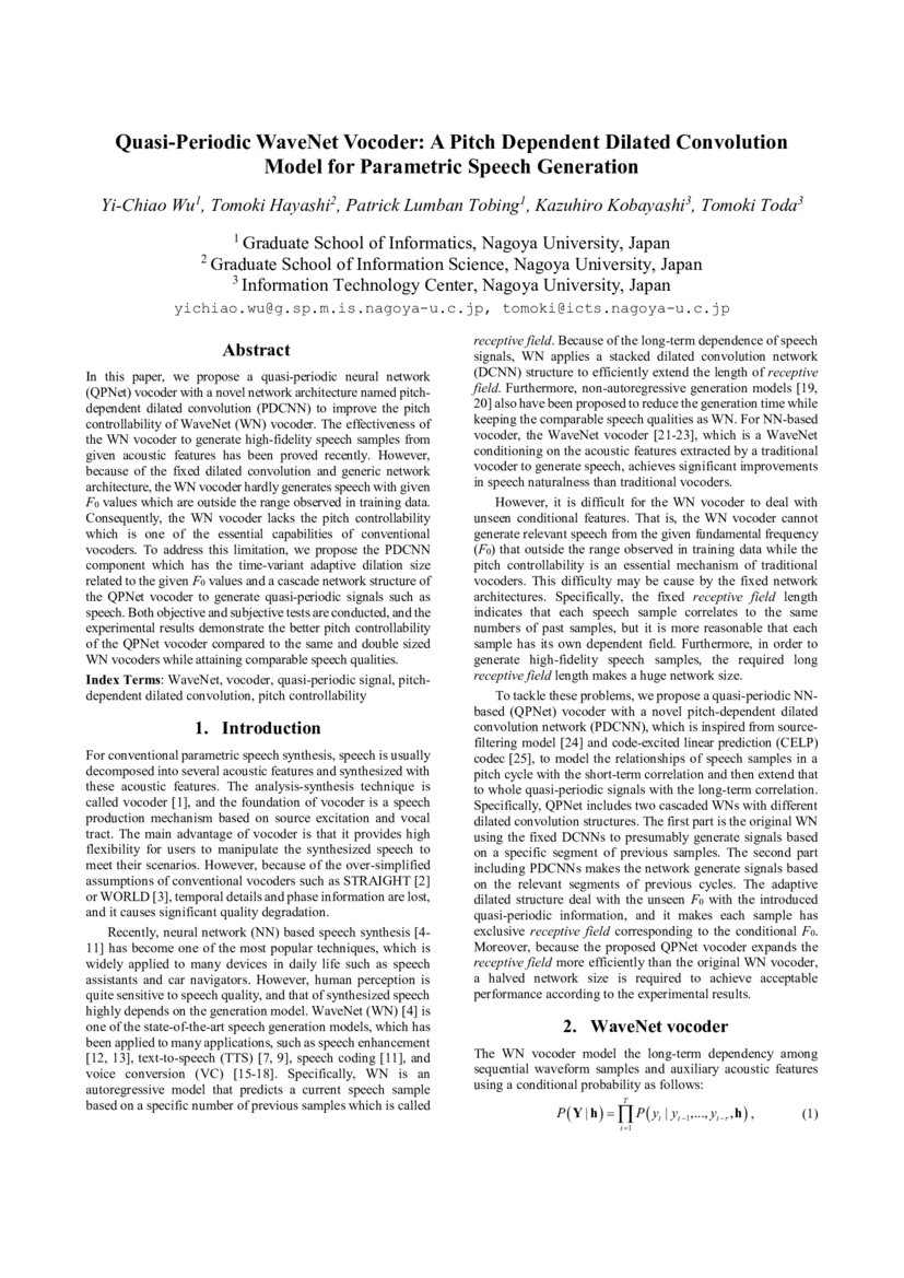 Quasi Periodic Wavenet Vocoder A Pitch Dependent Dilated Convolution Model For Parametric